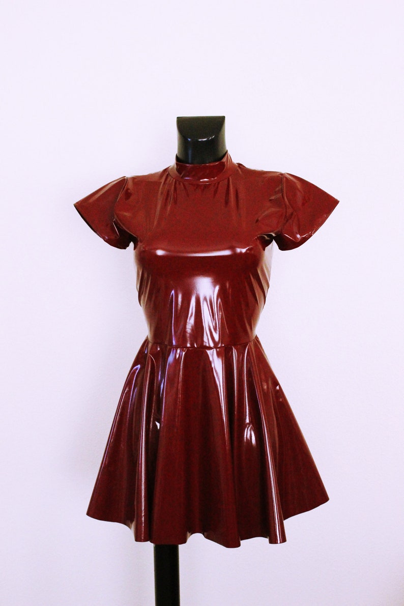 Women's Burgundy Patent PVC Vegan Leather Stretch Baby Doll Bodycon ...
