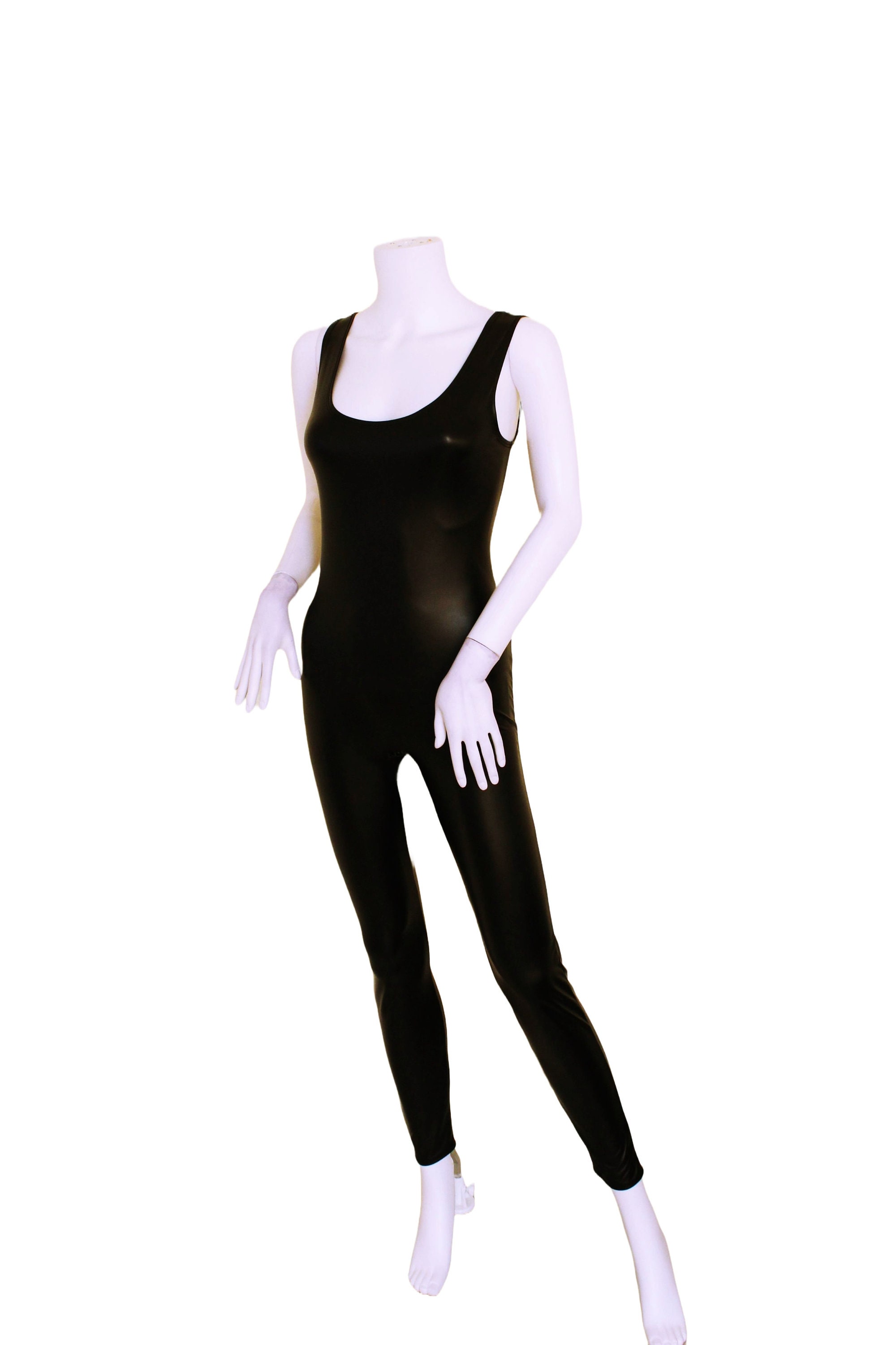 Women's Black Soft Stretch Pvc Leather Look Crew Neck Jumpsuit - Etsy