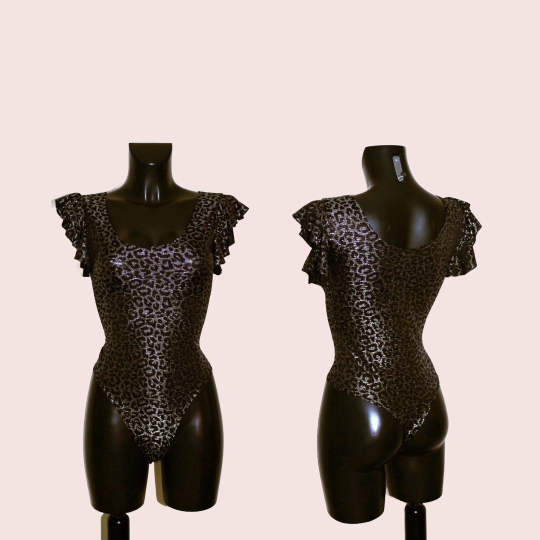 Women's Metallic Silver & Black Leopard Print Plisse Crew Neck Leotard ...