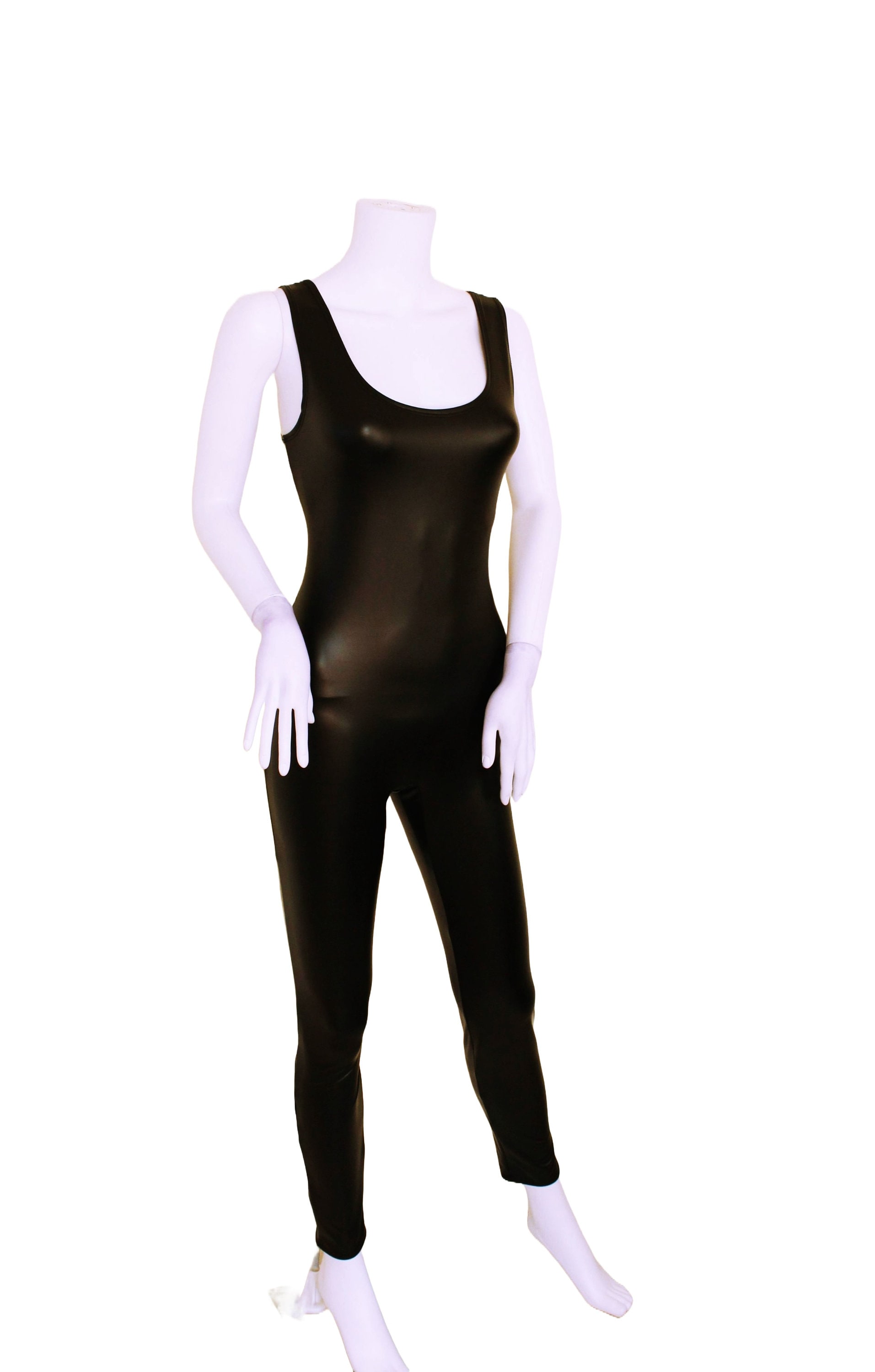 Women's Black Soft Stretch Pvc Leather Look Crew Neck Jumpsuit - Etsy