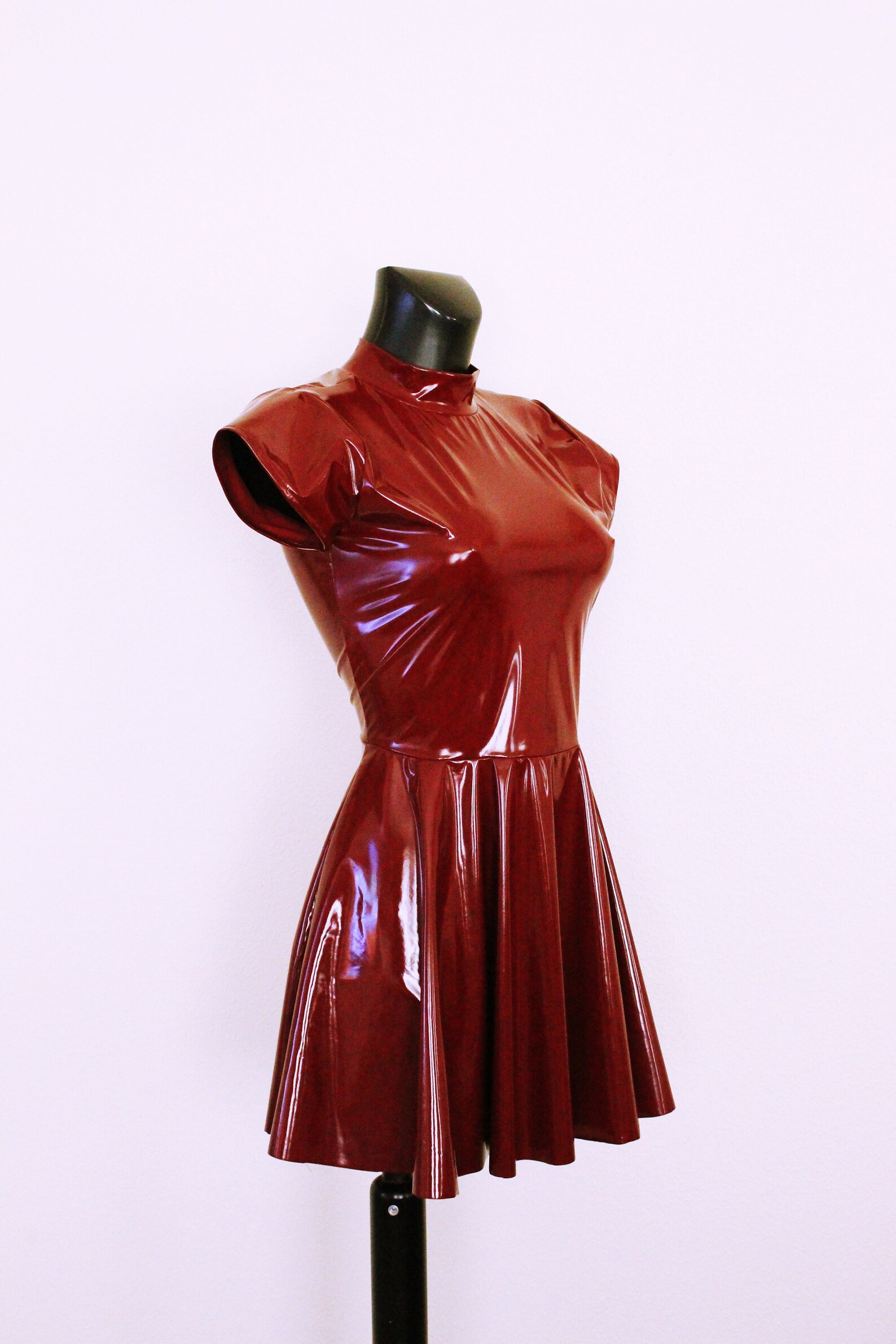 Women's Burgundy Patent PVC Vegan Leather Stretch Baby Doll Bodycon ...