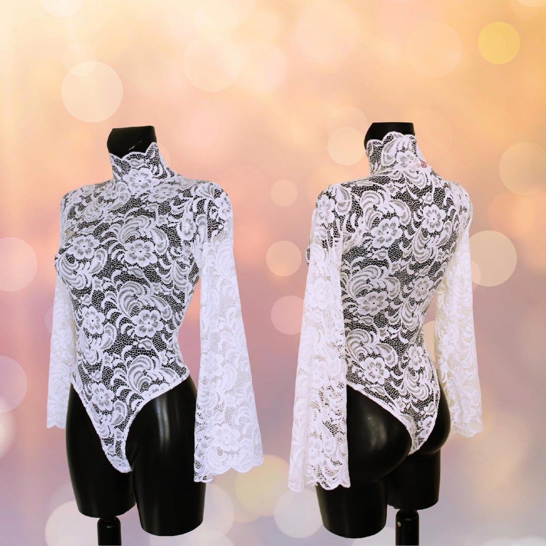 Women's Cream Corded Floral Scallop Edge Lace Bell Sleeve High Neck ...
