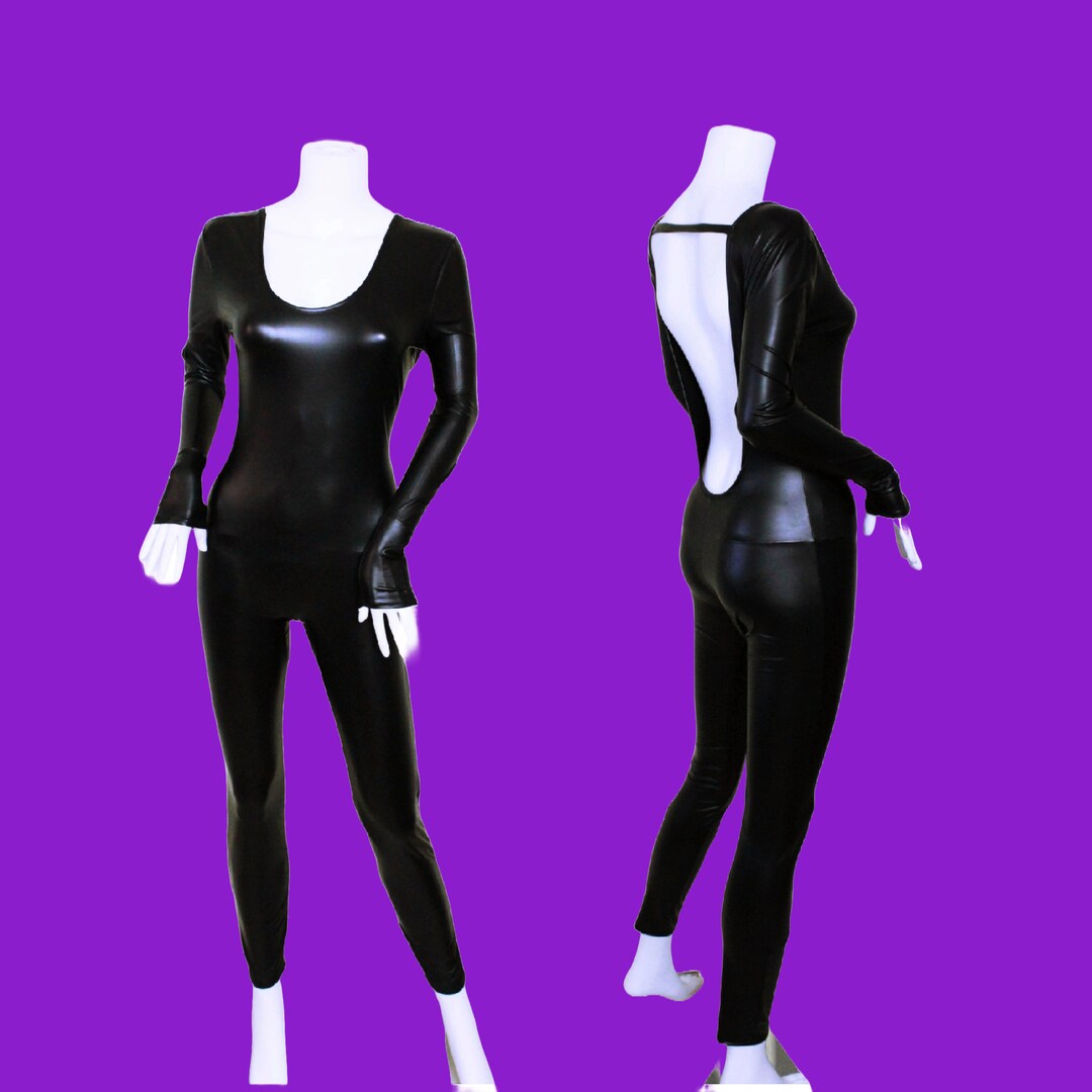 Women's Black Soft Stretch Pvc Leather Look Crew Neck Jumpsuit - Etsy