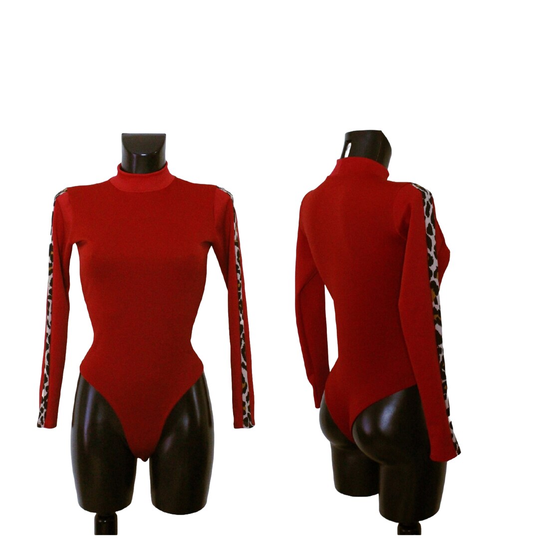 Women's Dark Red Scuba Leopard Print Stripe Sleeve Leotard Turtle Neck ...