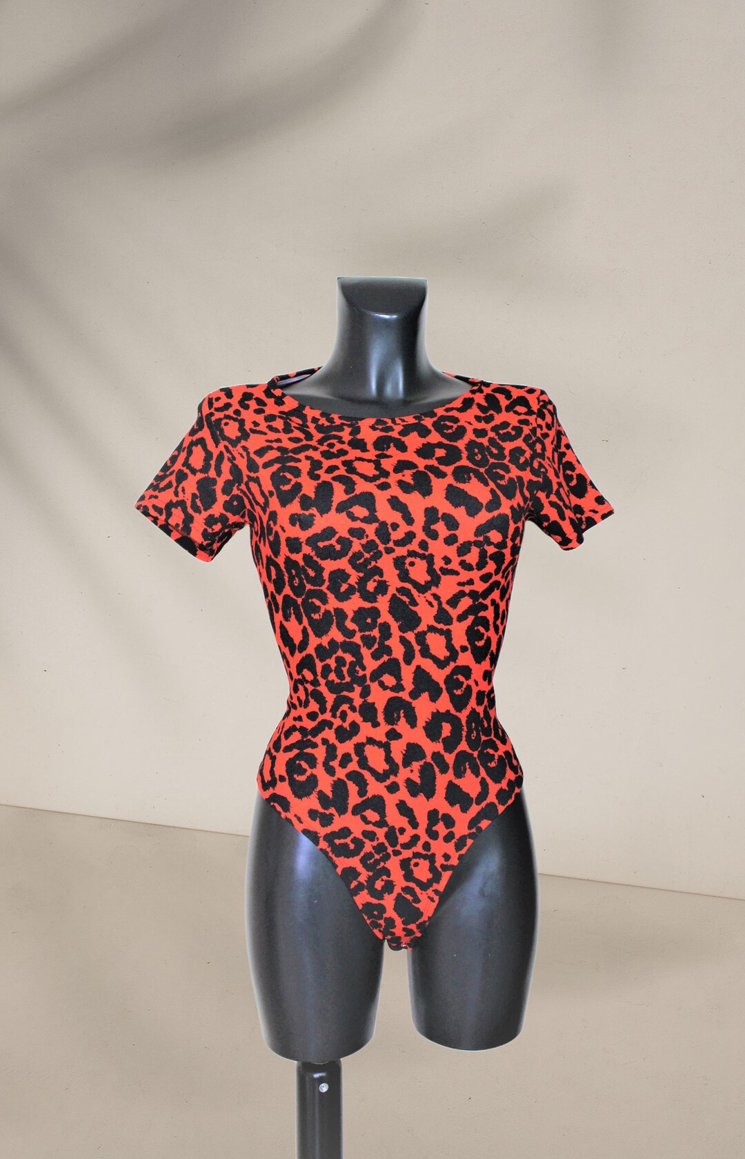 Women's Red & Black Leopard Print Crew Neck Leotard Bodysuit - Etsy