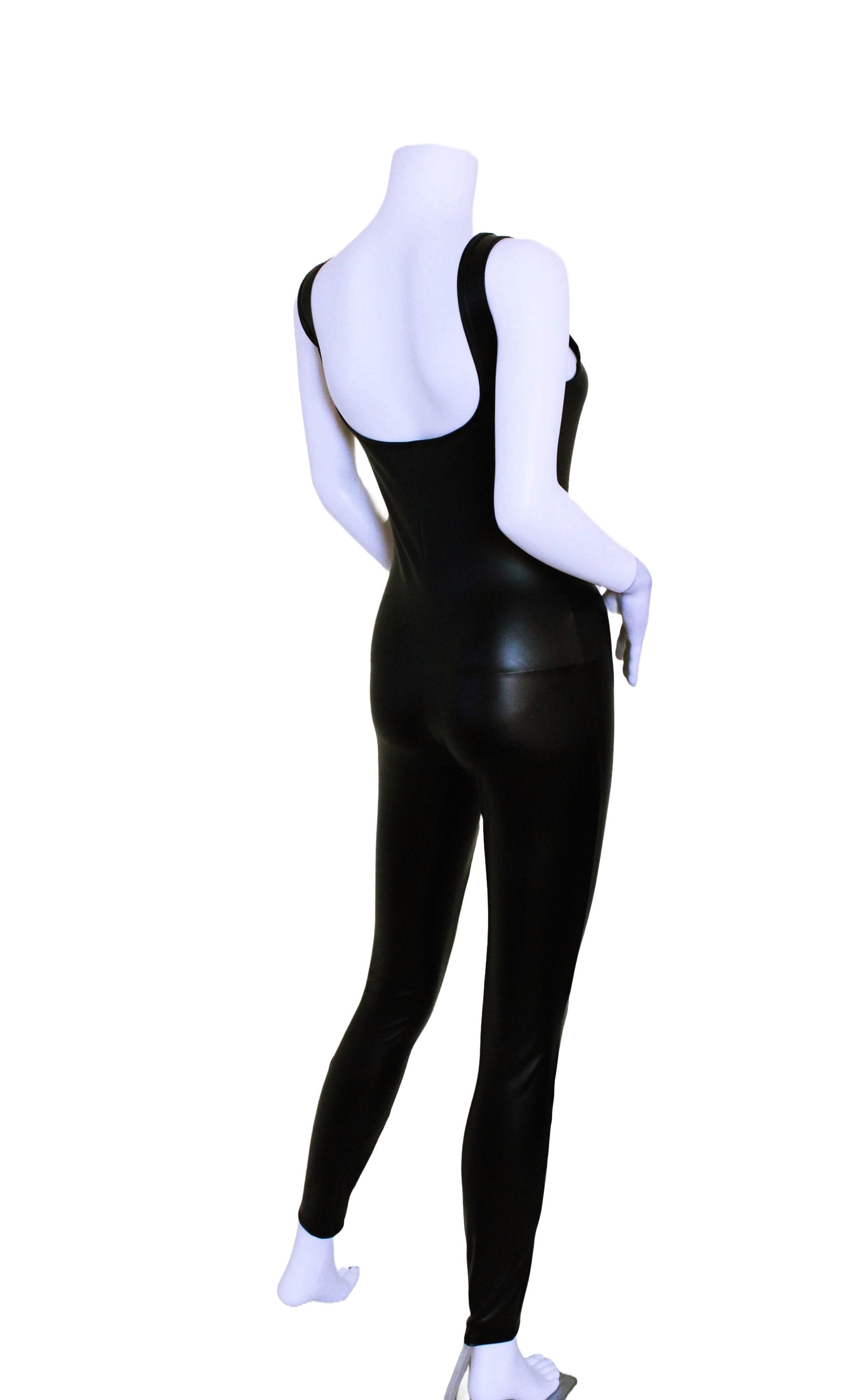 Women's Black Soft Stretch Pvc Leather Look Crew Neck Jumpsuit - Etsy