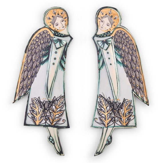 Grey Angels pair Ceramic Angel Guardian Angelgold Lustre | Etsy UK