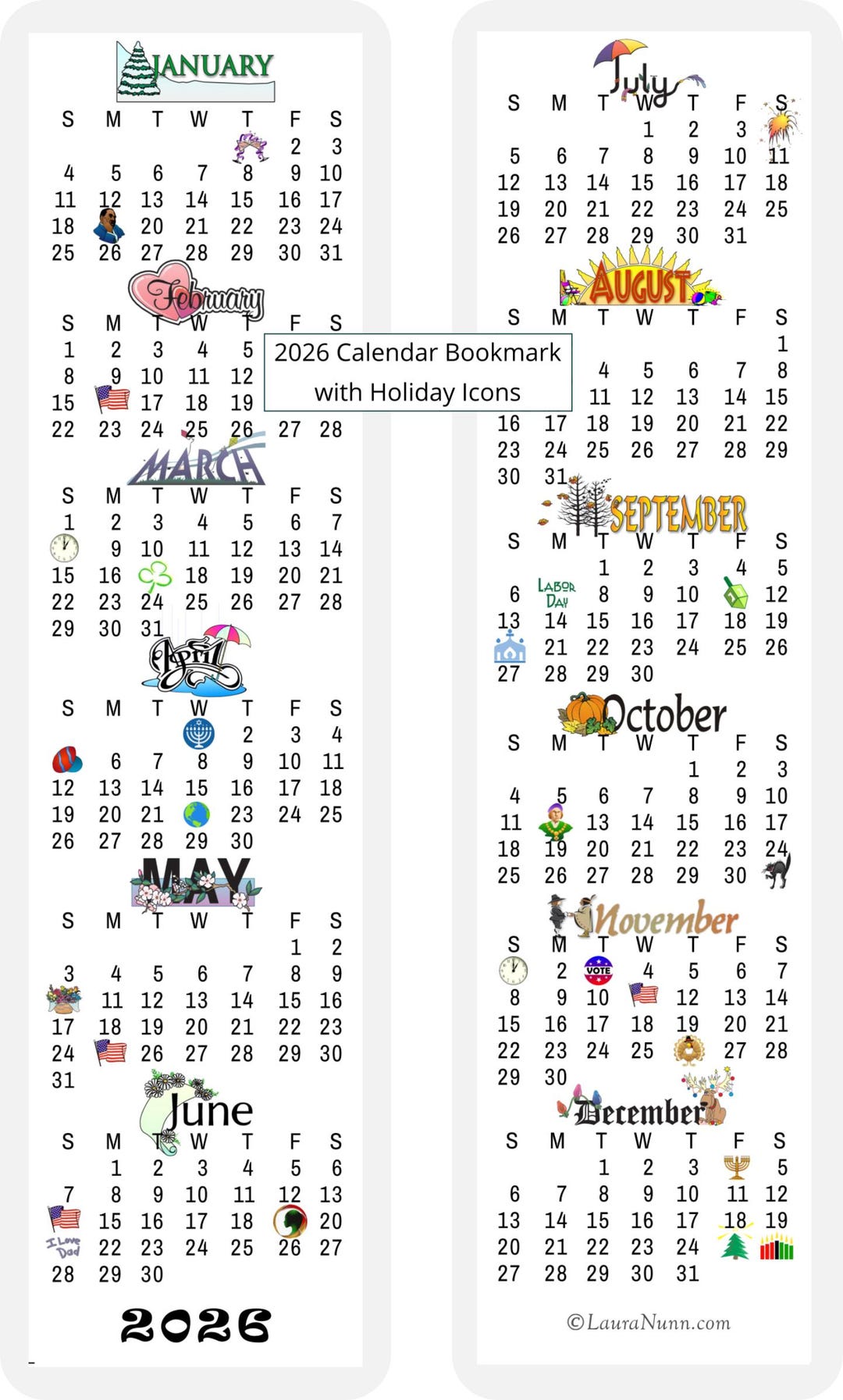 2026 Calendar Bookmarks - Laminated to Last All Year - With Holiday ...