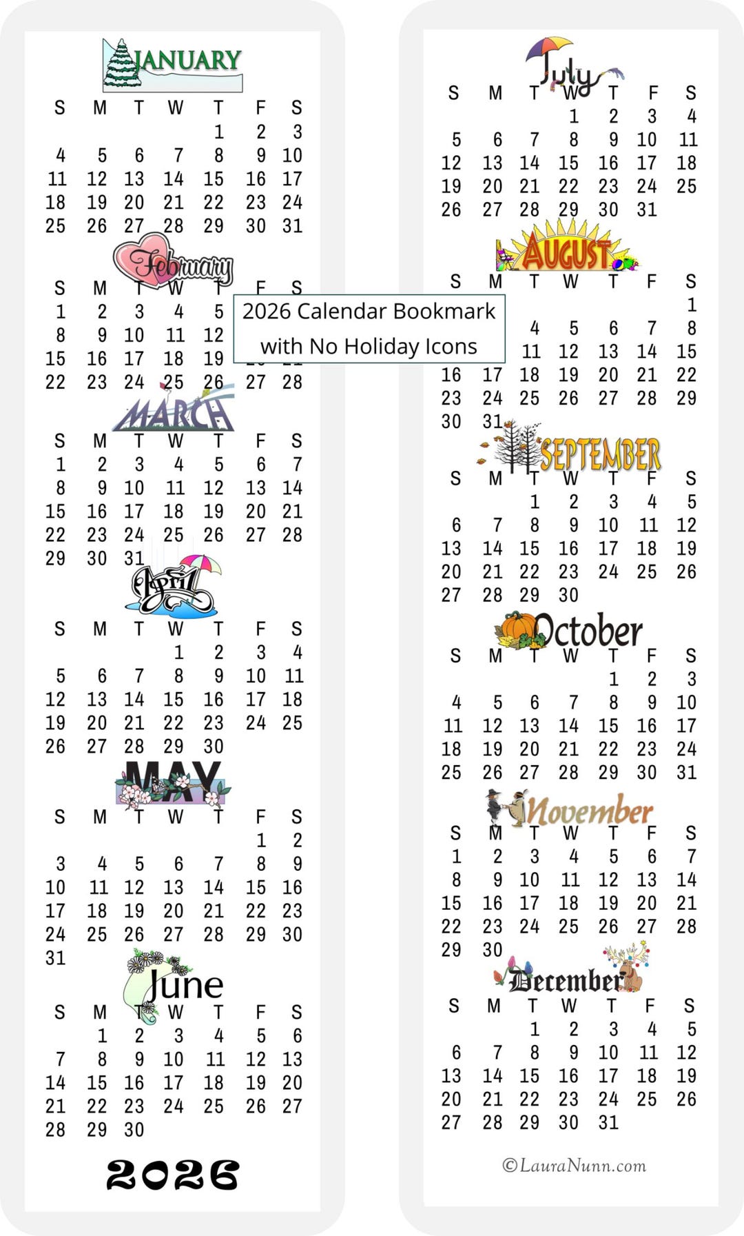 2026 Calendar Bookmark - Laminated to Last All Year! - Without Holiday ...