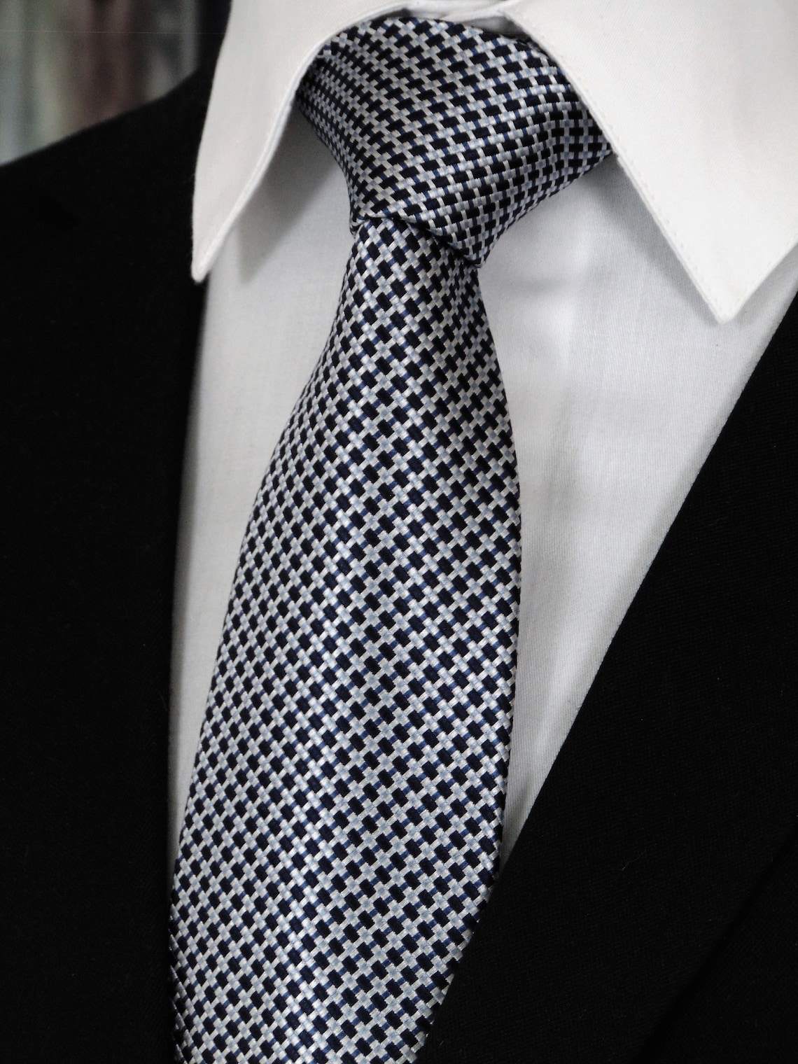 Navy Blue and Silver Sloped Chainmail Styled Silk Necktie | Men's ...