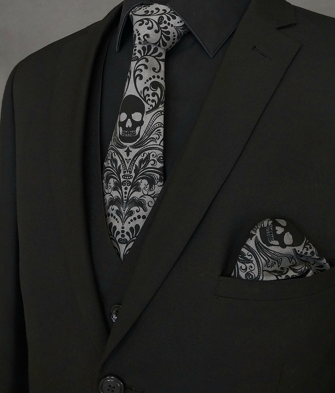 Light Gray With Black Skull Necktie: Handmade, Hand-dyed Cotton Damask ...
