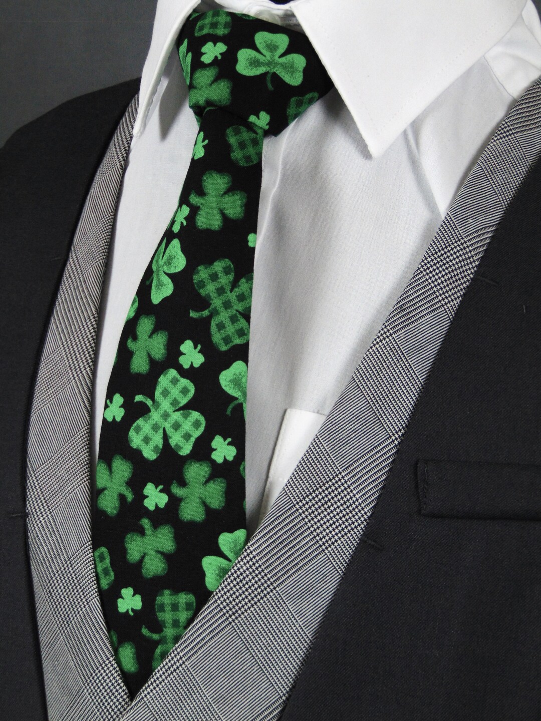 Three Leaf Clover Cotton Necktie | Handmade Black and Green Shamrock St ...