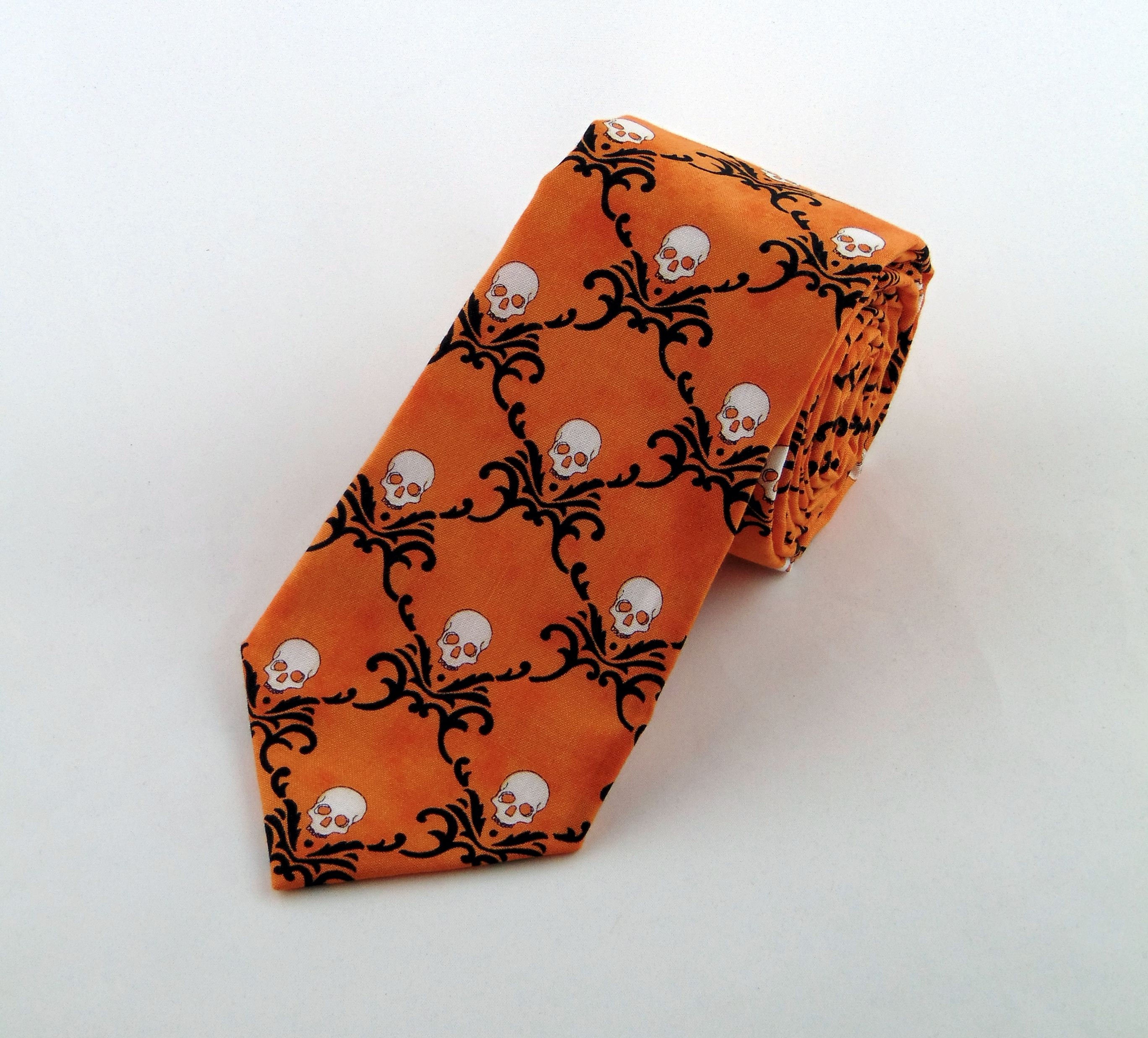 Skull Neck Tie – Halloween Necktie with Goth Tie Theme and Orange ...