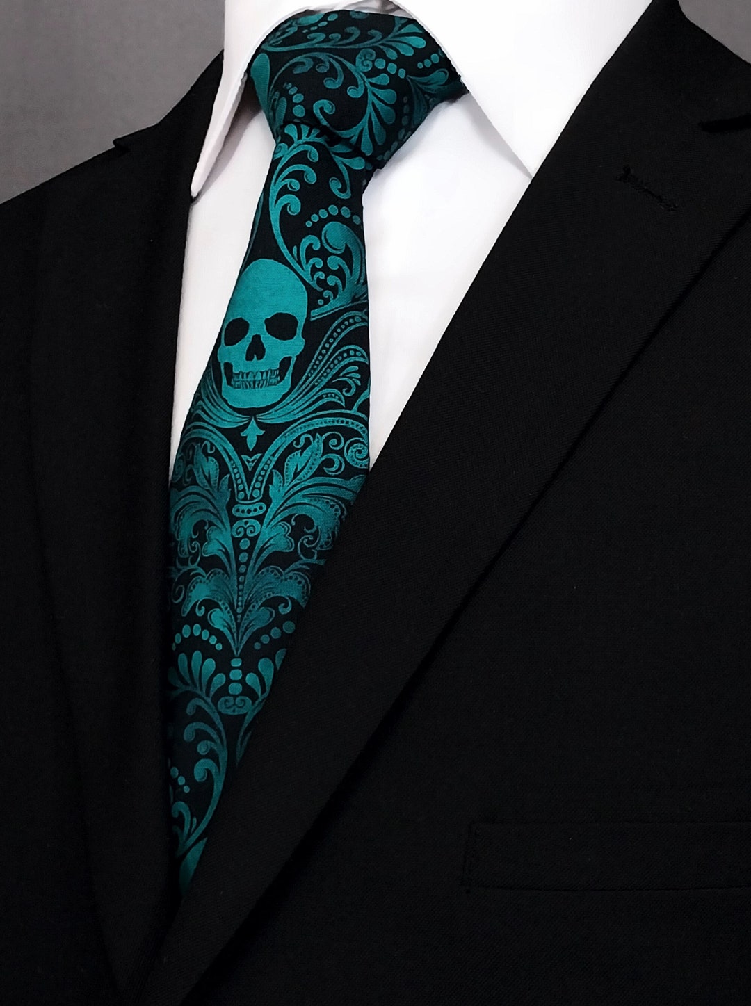 Emerald Green Skull Necktie – Hand-made 100% Cotton Tie for Men or ...