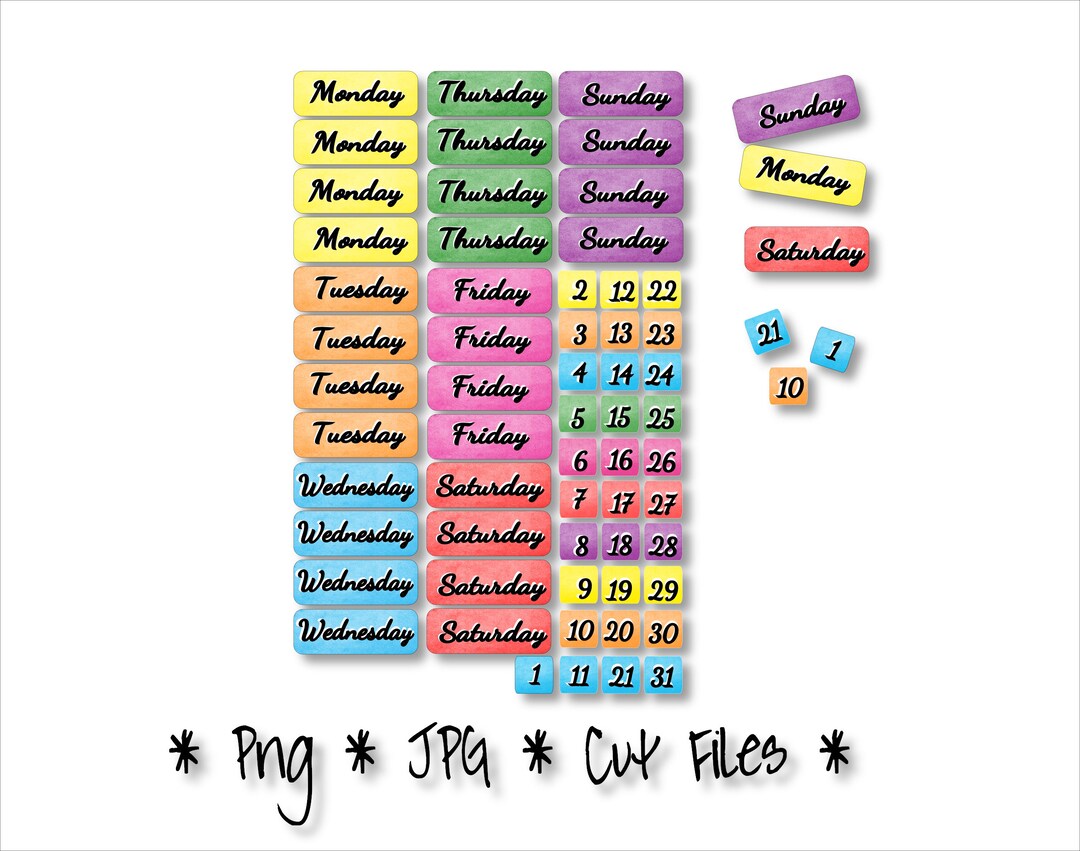 Days of the Week, Planner Stickers, Cut Files, Sticker Files, Calendar ...