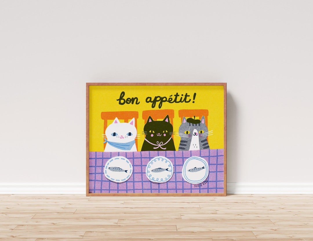 Bon Appetit Kittens With Fish Kitchen Dining Physical Print Retro Cat ...
