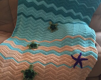 Turtle Beach Crochet Afghan Throw Blanket/Sea Turtle Blanket