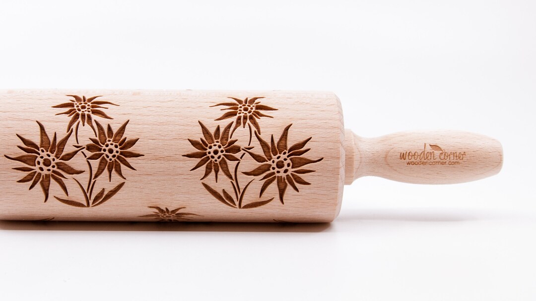 No. R290,EDELWEISS FLOWERS - Rolling Pin, Wooden Roller Engraved ...