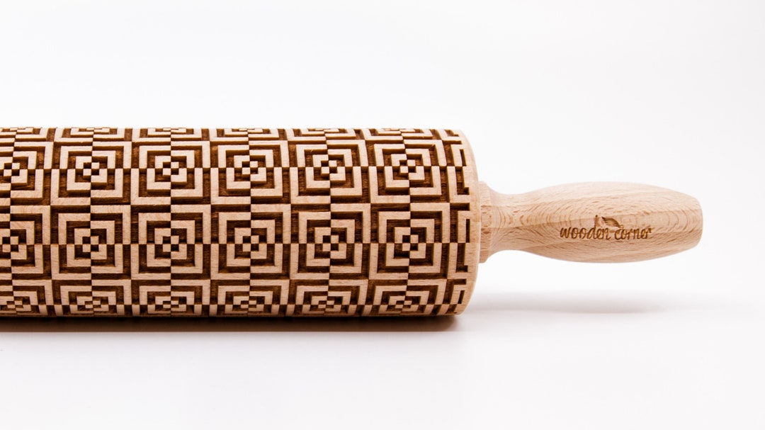 No. R258 ART SQUARES 2 Rolling Pin, Embossed Rolling Pin, Wooden Roller ...