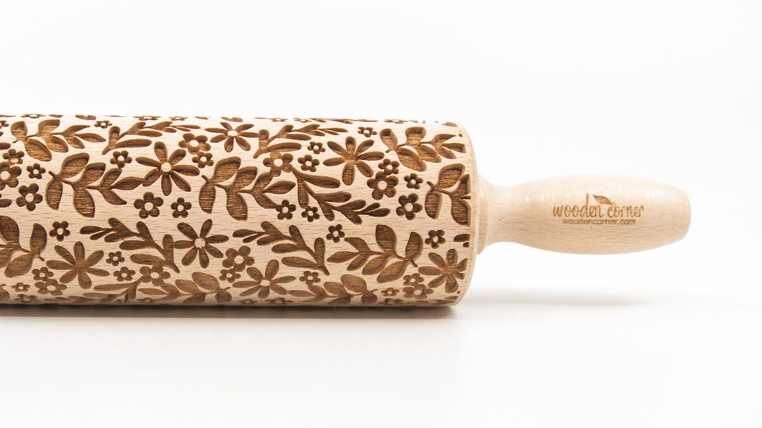 No. R256 FLOWERS & LEAVES - Rolling Pin, Embossed Rolling Pin, Wooden ...