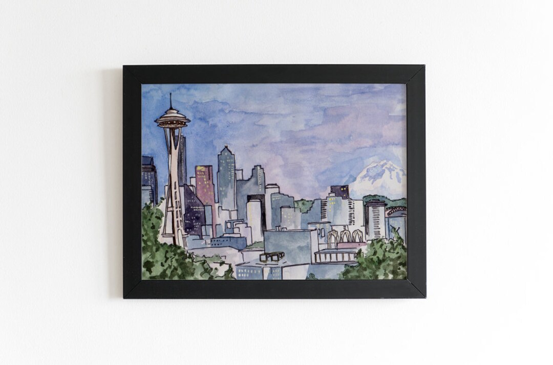 Seattle Skyline at Dusk: Watercolor Print - Etsy