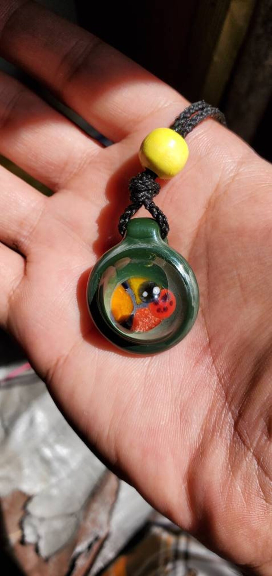 Green Glass Pendant W/ Ladybug and Peace Symbol Necklace - Etsy