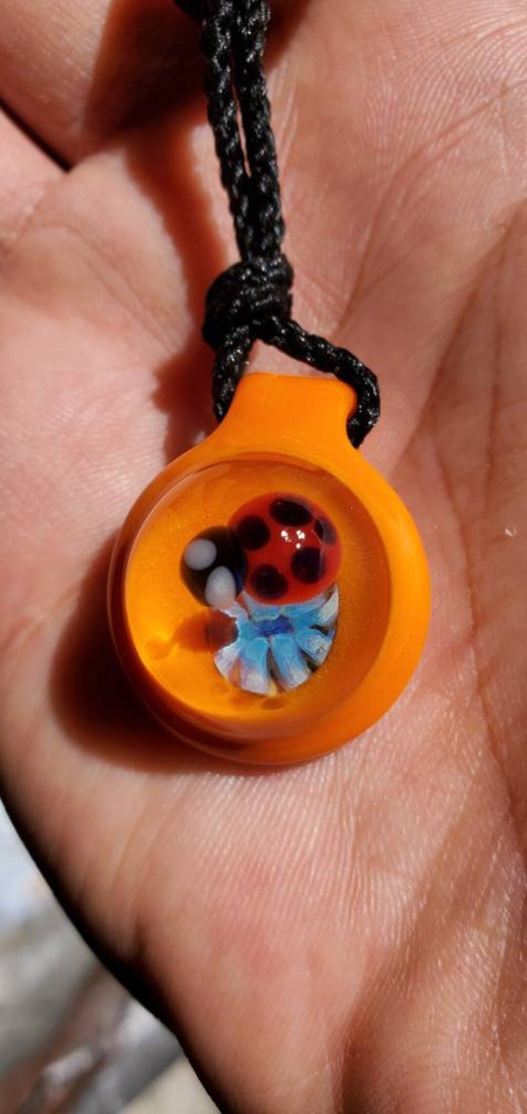 Orange Glass Pendant W/ Blue Flower and Ladybug Necklace - Etsy