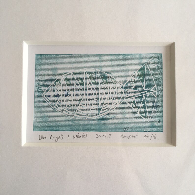 Blue Angels and Whales - Aqua Blue Monoprint Original - Etsy