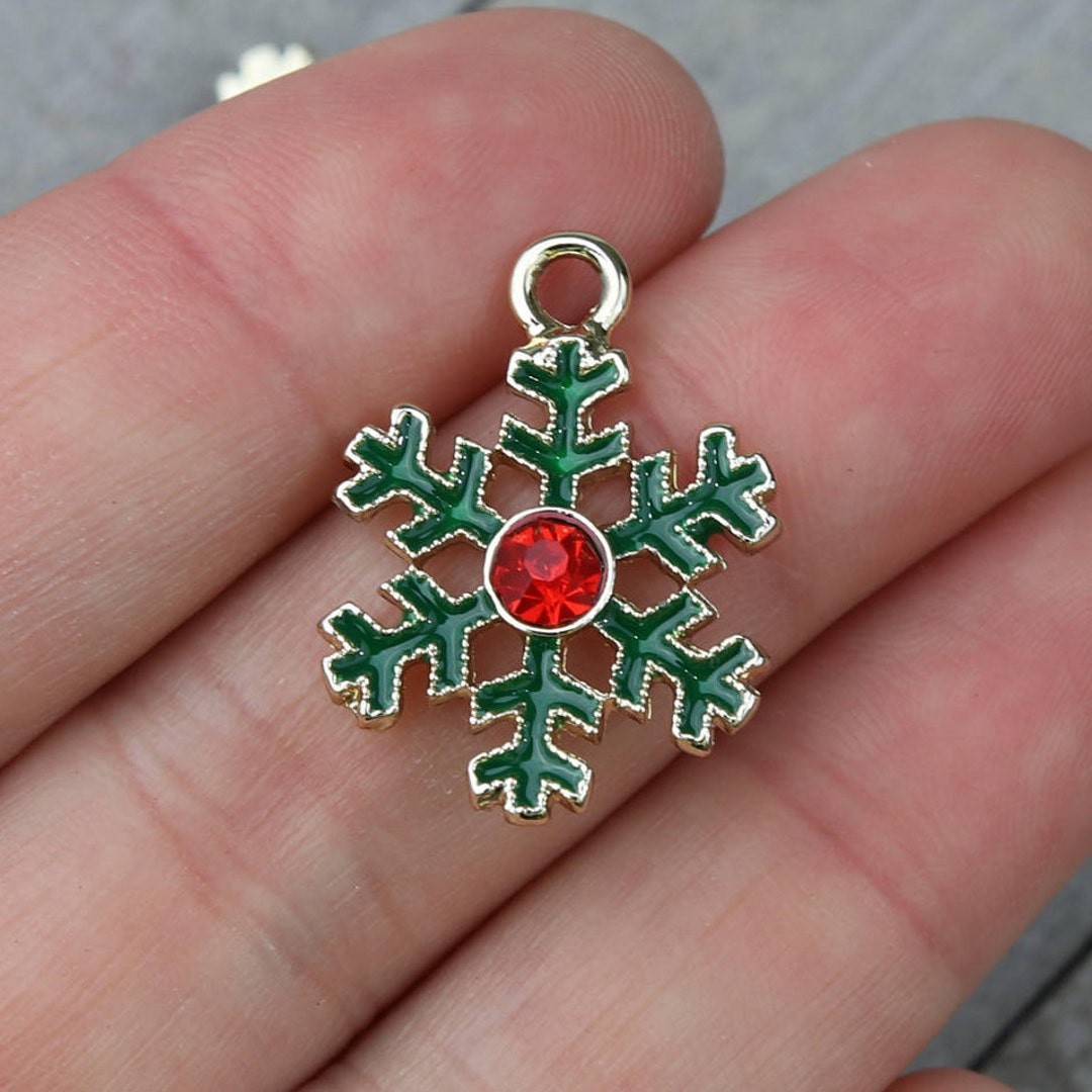 5 PIECES Snowflake Charm Light Gold With Green Enamel and Red ...