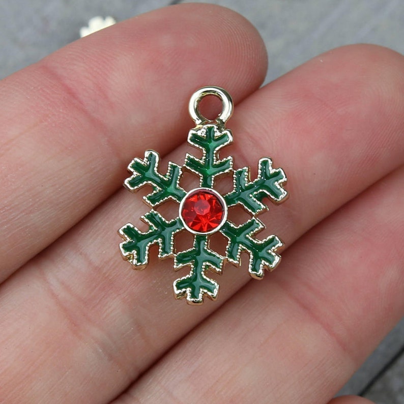 5 PIECES Snowflake Charm Light Gold With Green Enamel and Red | Etsy