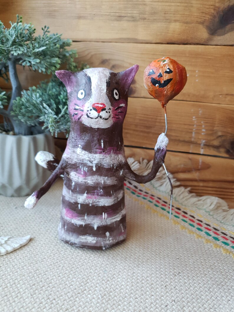 Handmade Halloween Cat With Pumpkin - Unique Spooky Decoration, Cat in ...
