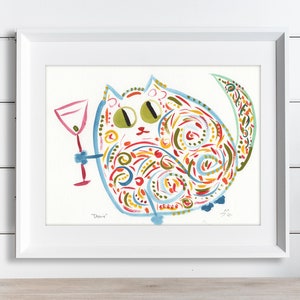 Deanie Martini Cat Print - Funny Bright Whimsical Original Watercolor ...