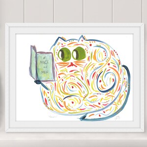 Funny Cat Art Print - Cat Bookworm Reading of Mice and Men - Book Lover ...