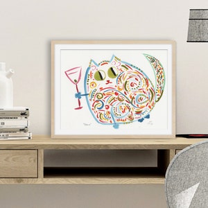 Deanie Martini Cat Print - Funny Bright Whimsical Original Watercolor ...