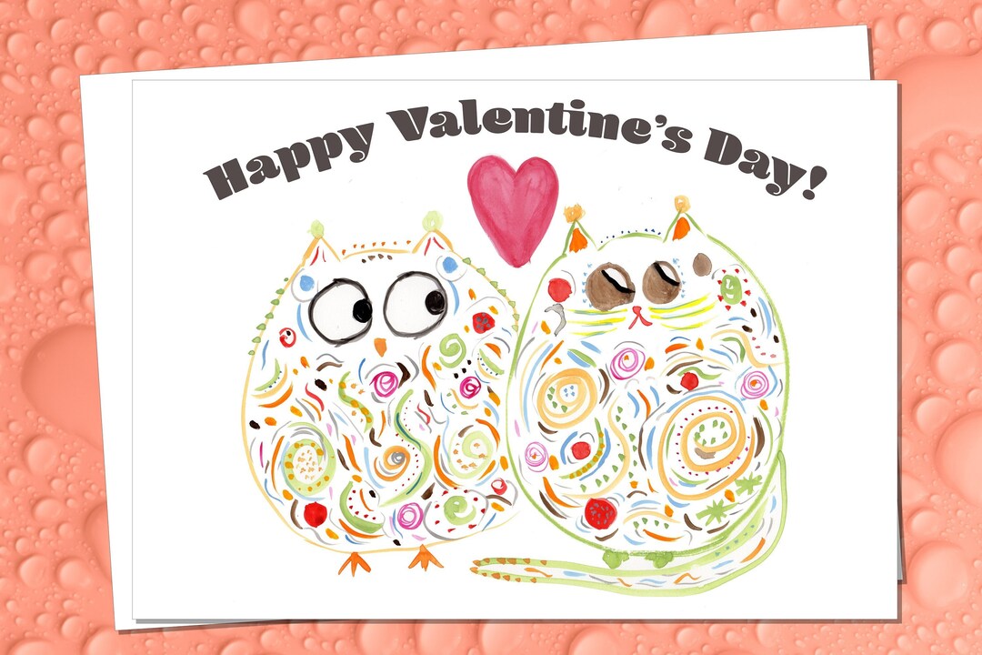 Valentine's Day Card - Owl and Pussycat - Unlikely Pair - Cute Original ...