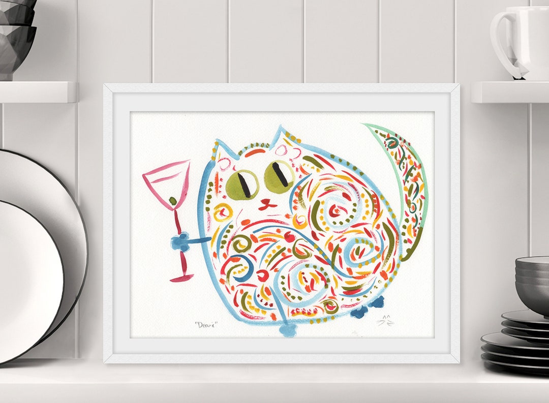 Deanie Martini Cat Print - Funny Bright Whimsical Original Watercolor ...