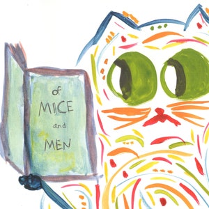 Funny Cat Art Print - Cat Bookworm Reading of Mice and Men - Book Lover ...