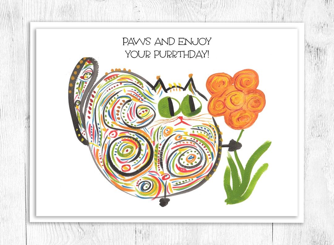 Funny Cat Lover Birthday Card - Whimsical, Original Artwork Card With ...