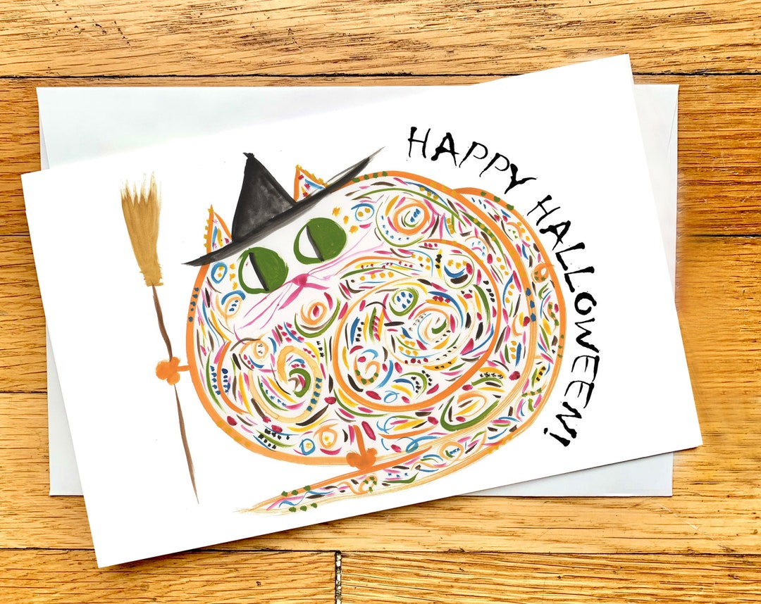Halloween Card - Witch Cat - Original Art - Personalizable - Cute Cat ...