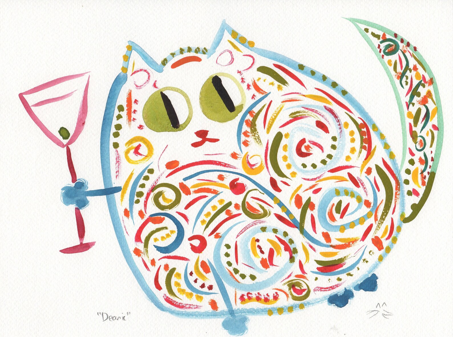 Deanie Martini Cat Print Funny Bright Whimsical Original - Etsy