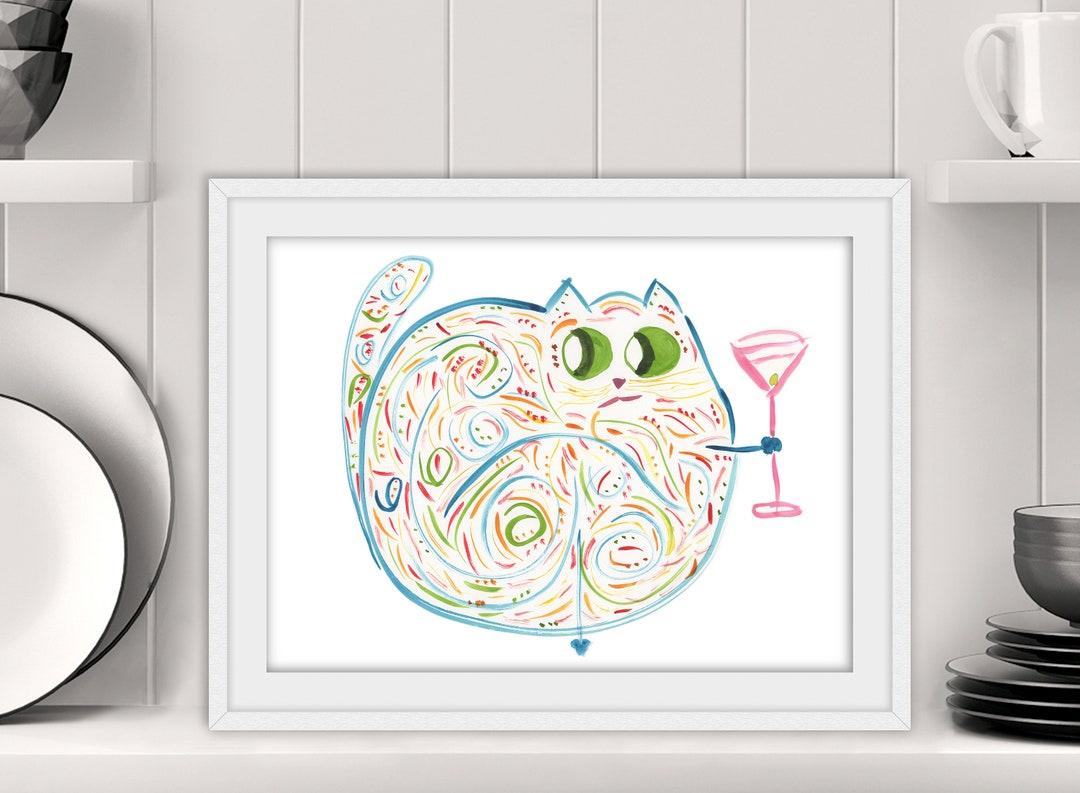 Cat With Cocktail - Quirky Whimsical Watercolor Print - Original Cat ...