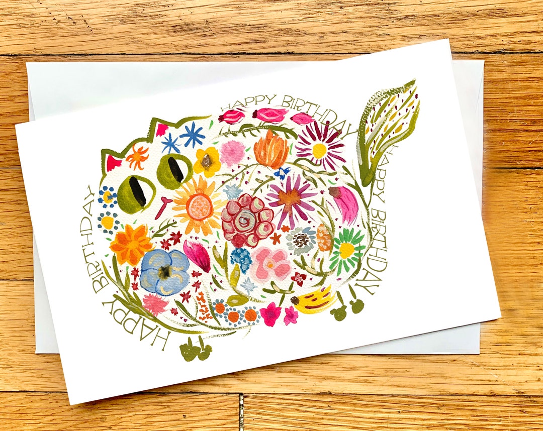 Birthday Card - Retro Flower Cat - CUSTOM Message - Cute Cat Card ...