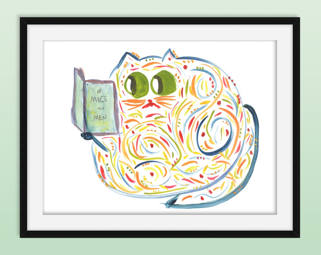 Funny Cat Art Print - Cat Bookworm Reading of Mice and Men - Book Lover ...