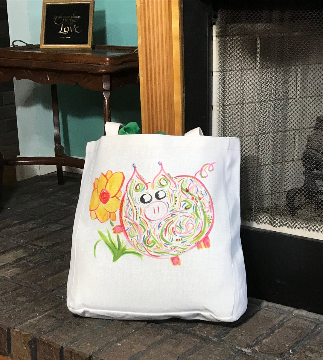 Colorful Pig Tote Bag - Book Bag With Original Art - Whimsical Reusable ...