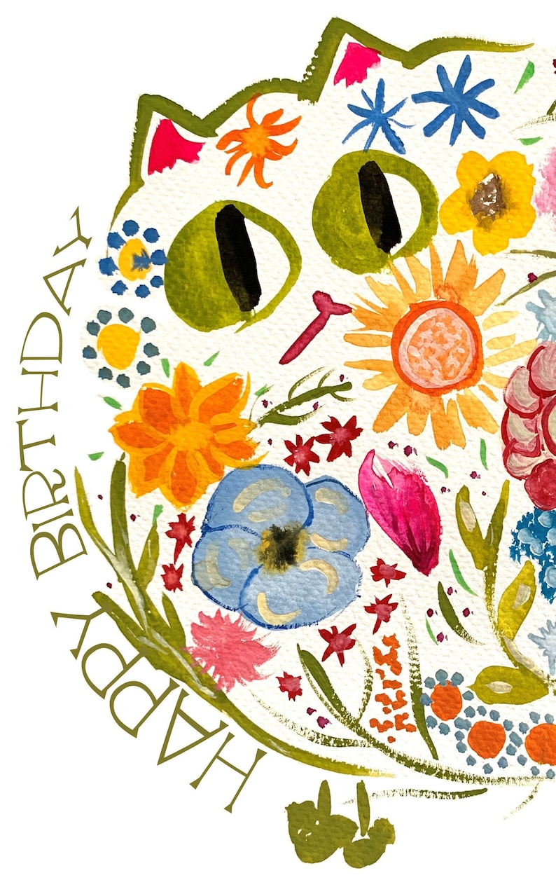 Birthday Card Retro Flower Cat CUSTOM Message Cute Cat | Etsy
