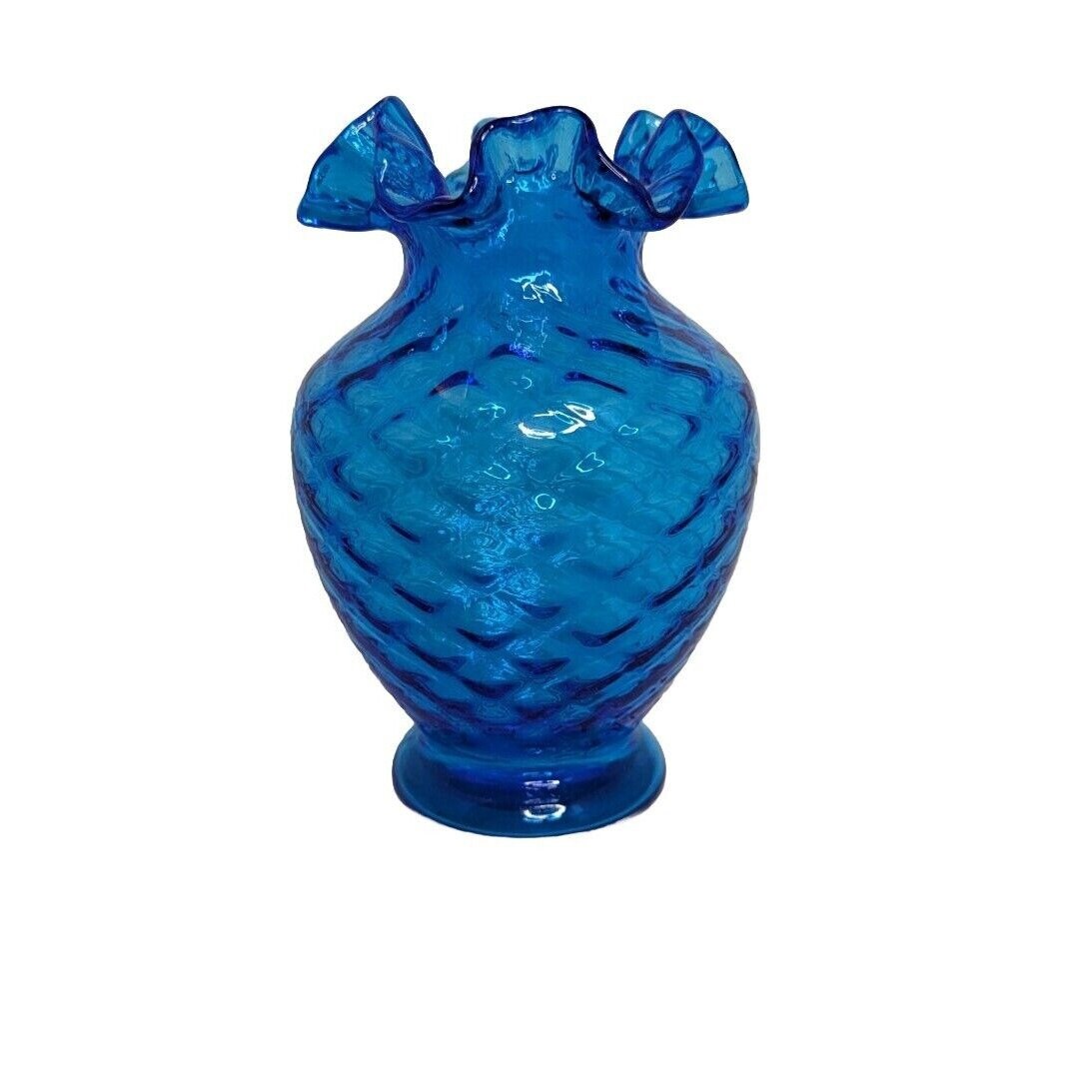 Vintage Fenton Glass Vase Ruffled Edge Blue Quilted Diamond Pattern ...