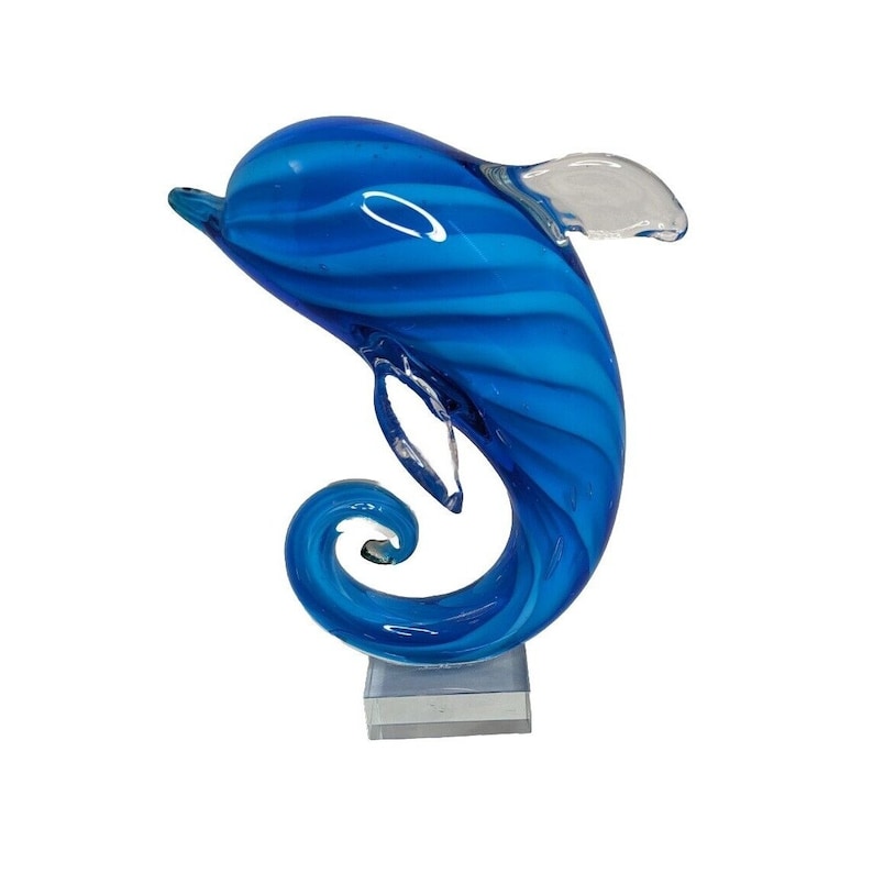 Art Glass Dolphin Figurine Blue Sculpture Sea Life Beach Coastal ...