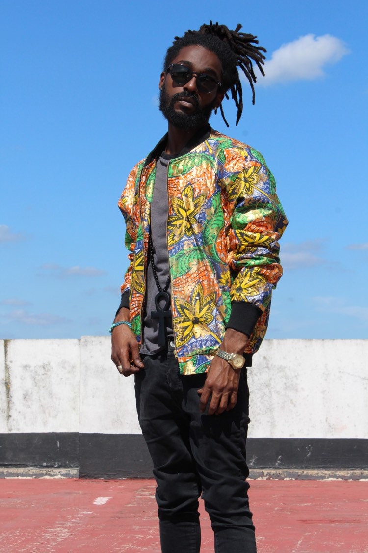 African Bomber Jacket in Brilliant Green & Gold Print / | Etsy