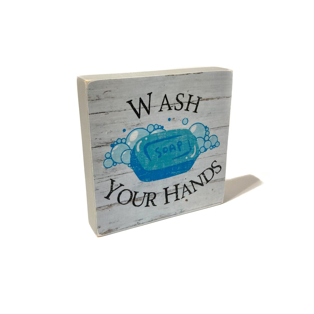Small Wash Hands Sign for Kids Mini Wood Sign for Bathroom or Restroom ...