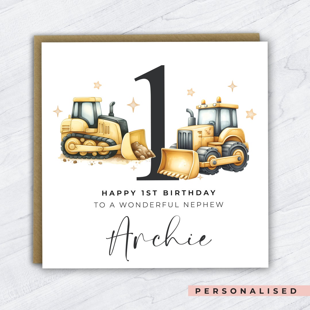 Personalised Construction Digger Birthday Card for Boys, First Birthday ...